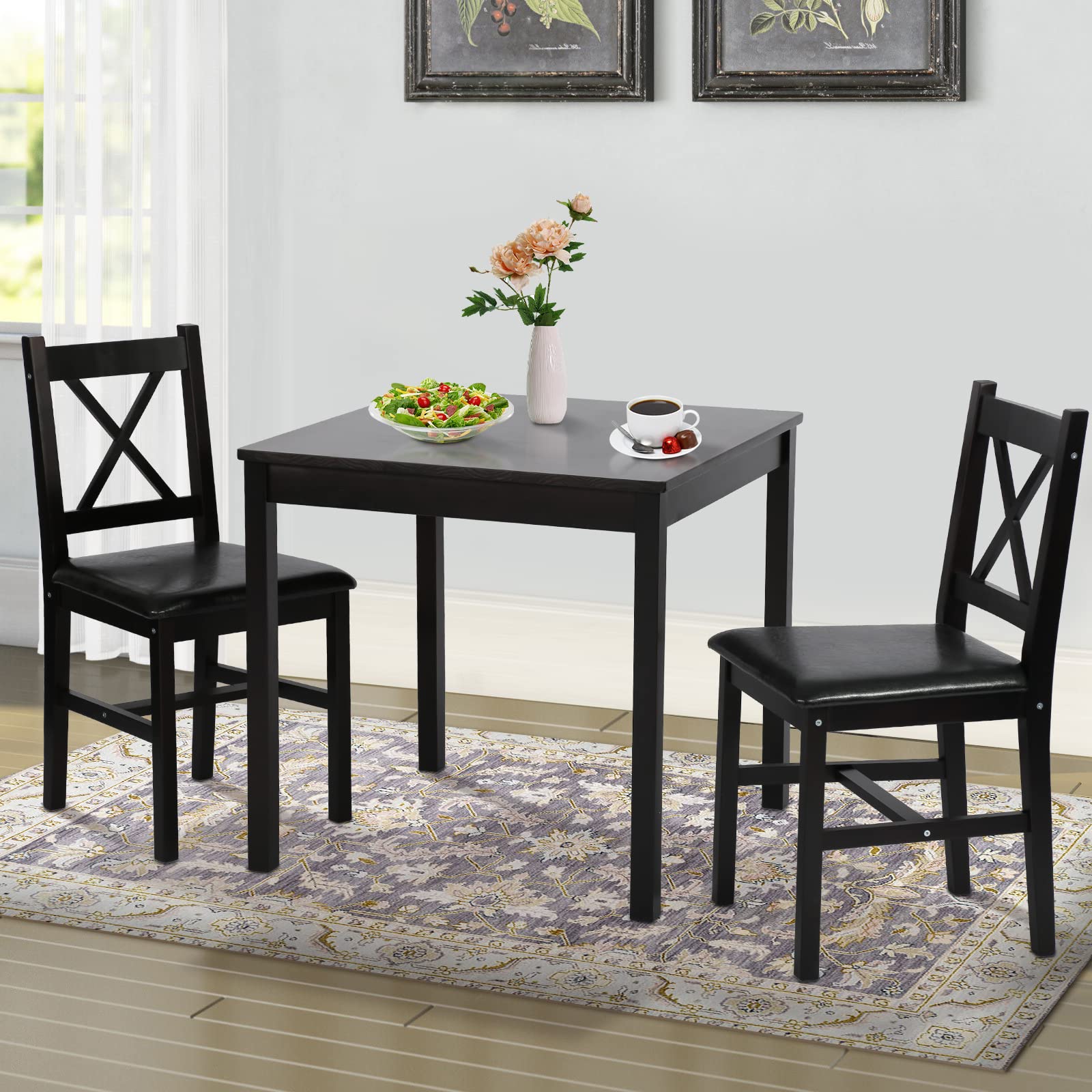 Dkelincs Dining Table Set for Small Space, 3 Peices Wood Kitchen Dinette Table with 2 Chairs, Modern Counter Height Dining Room Table for Kitchen,Dining Room, Restaurant, Dark Brown