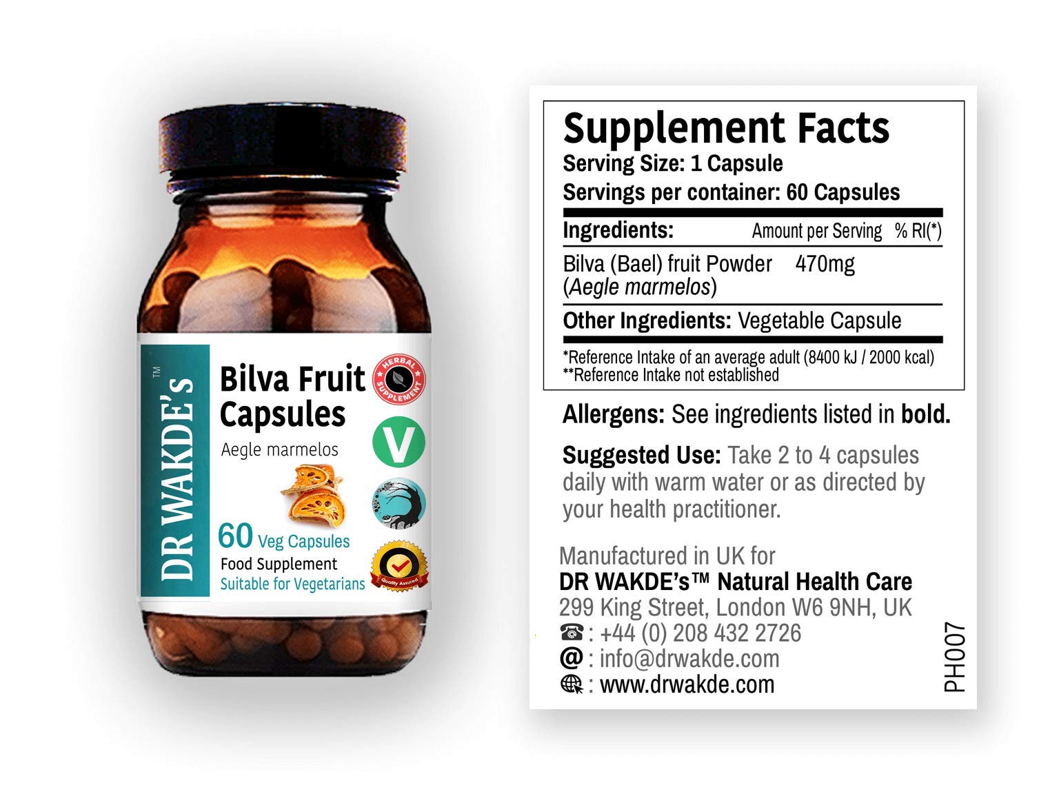 DR WAKDE'S Bilva Fruit Capsules (Bael Fruit | Aegle marmelos) | 60 Veg Caps | Ayurvedic Supplement | Vegan | 100% Herbal | Quantity Discounts| Same Day Dispatch