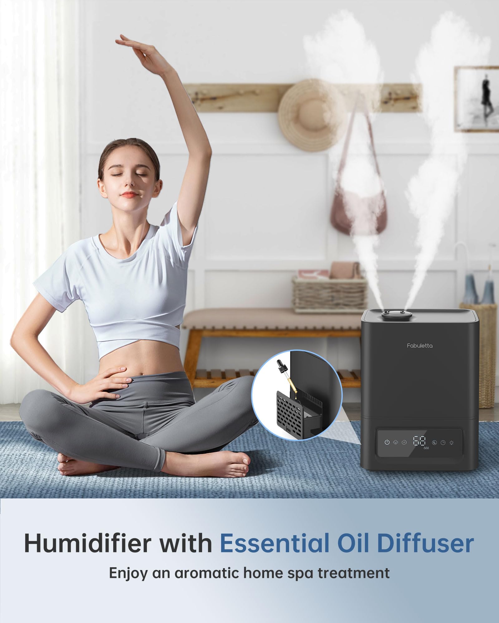 FABULETTA Top Fill Humidifiers for Bedroom, 5L Cool Mist Air Humidifiers with Remote Control, 3 Mist Levels, Essential Oil Diffuser, 2.4Mhz Ultrasonic, Auto Mode, Quiet Sleep & Night Light(Black)