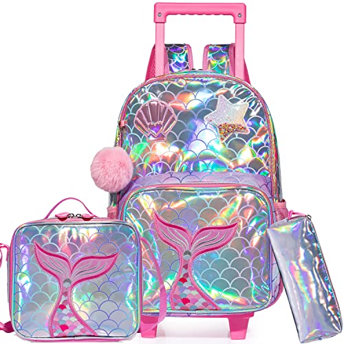 Meetbelify Rolling Backpack for Girls School Backpack with Wheels Kids Roller Luggage for Elementary Kindergarten Students with Lunch Box Pencil Case for Girls 5-12 Years Old