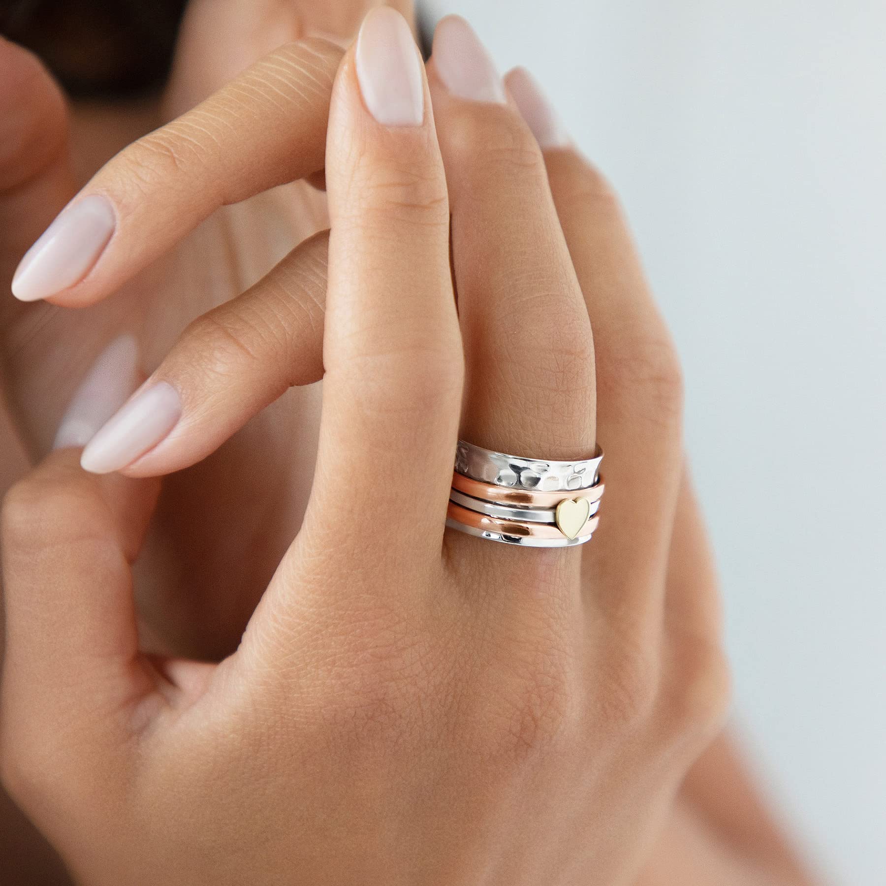 Gmai Self Love Spinner Heart Ring Silver Plain Hammered Spinner Band Rings Anxiety Relief Heart Design Fidget Spinner Wide Band Ring Love Ring Gift for Women