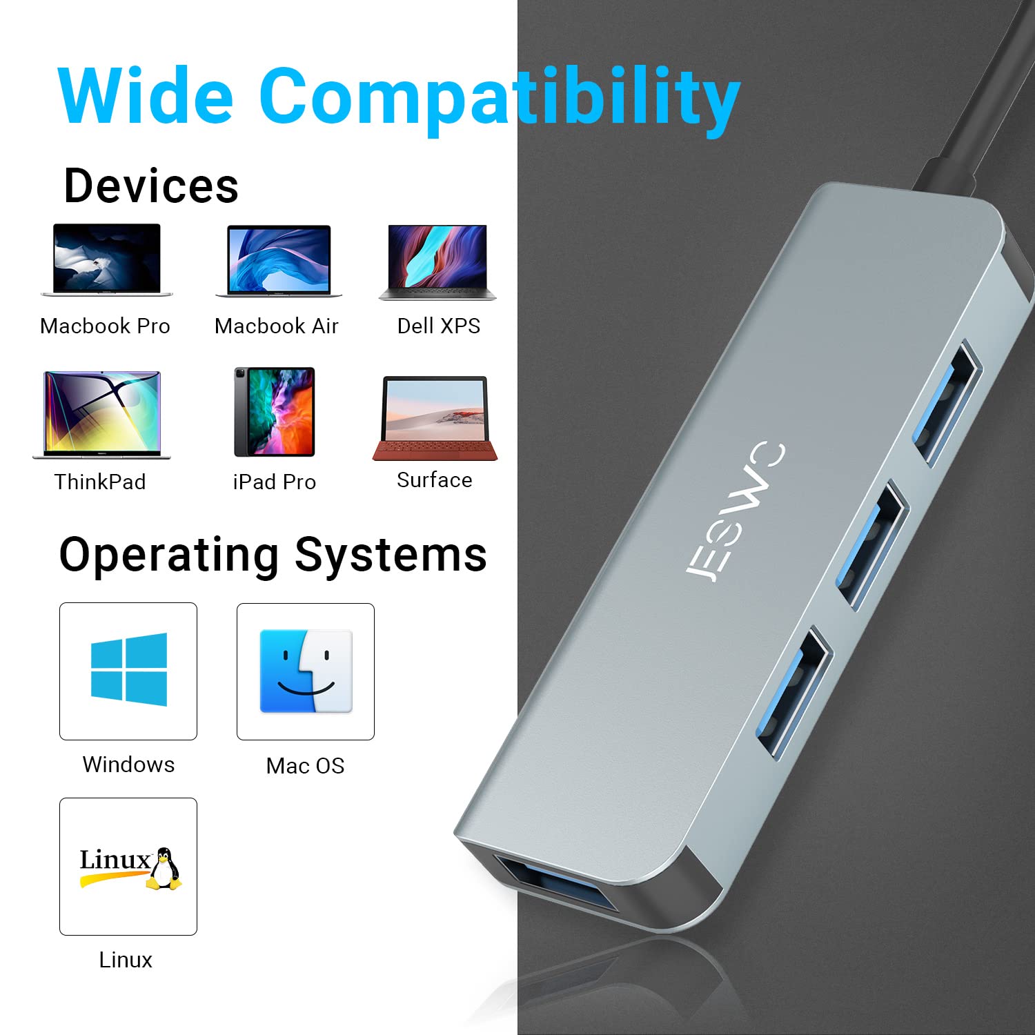 JESWO USB C to USB Hub, 4-Port USB C Hub with 4 USB 3.0 Ports & 1 USB C to USB 2.0 Adapter for MacBook Pro/Air, iMac, iPad Pro, Chromebook, Dell XPS, Surface and More