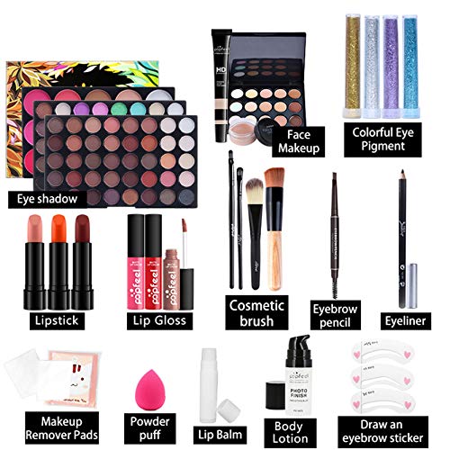 Pure Vie All-in-One Holiday Gift Surprise Makeup Set Essential Starter Bundle Include Eyeshadow Palette Lipstick Concealer Blush Mascara Eyeliner Face Powder Lipgloss Brush - Full Makeup Kit for Women