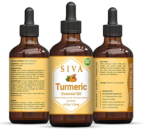 Siva Turmeric Essential Oil 4 Oz with Premium Glass Dropper – 100% Pure, Natural, Undiluted & Therapeutic Grade, Great for Nourished Skin & Hair, Diffuser, Aromatherapy, Massage, DIY Soap & Candle