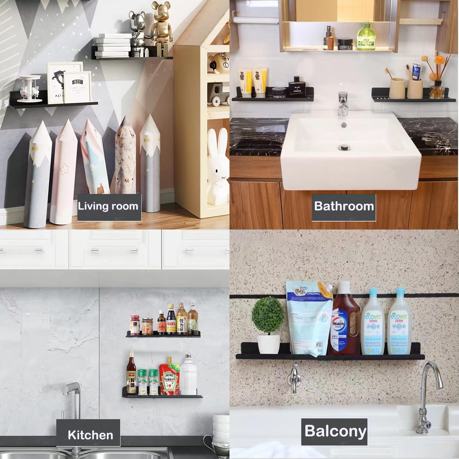 lifewinimall Shower Shelf No Drilling 2 Pack,Metal Kitchen Shelves Wall Mounted,Bathroom Countertop Organizer,Black Floating Shelf Organizer for Bathroom & Kitchen Storage (Black 40m)