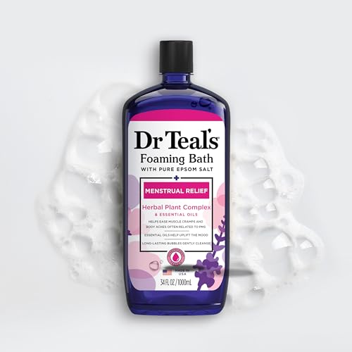 Dr Teal's Foaming Bath with Pure Epsom Salt Menstrual Relief with Herbal Plant Complex & Essential Oils 34 fl oz (Pack of 4) (Packaging May Vary)