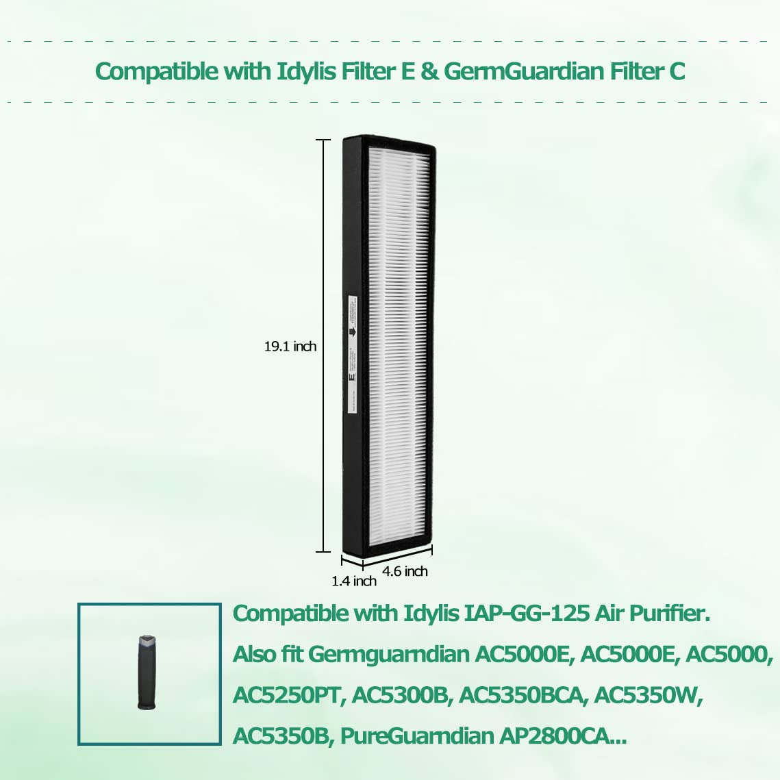 Drolma Size E H13 HEPA Replacement Filter, Compatible with Idylis Air Purifier FIL-GG-125, IAP-GG-125, Fit GermGuardian FLT5000 Series AC5000 Filter C Air Purifiers, 2 HEPA&2 Carbon Pre-filters