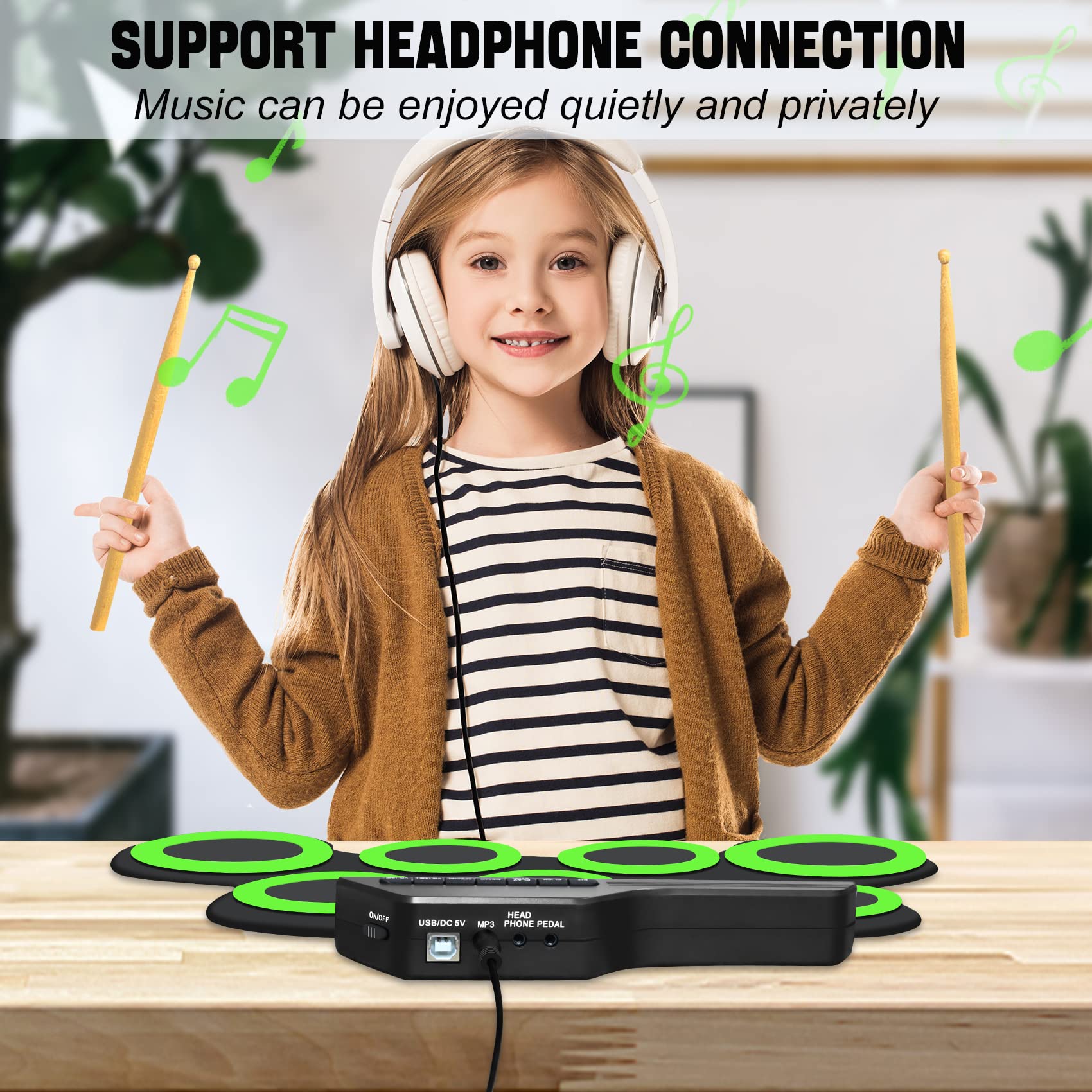 Electronic Drum Sets, Roll Up Drum Practice Pad Kit, 7 Drum Practice Pad Drum Pedals Drum Sticks, round drum for 10h Playtime Great Holiday Birthday Gift for 9-12 Kids, Teens