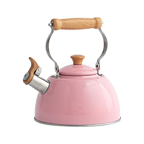 ROCKURWOK Whistling Tea Kettle, 1.6 QT / 50 OZ, Pink Teapot, Universal Base for Induction | Gas | Electric | Halogen | Radiant, Wooden Handle, Vintage