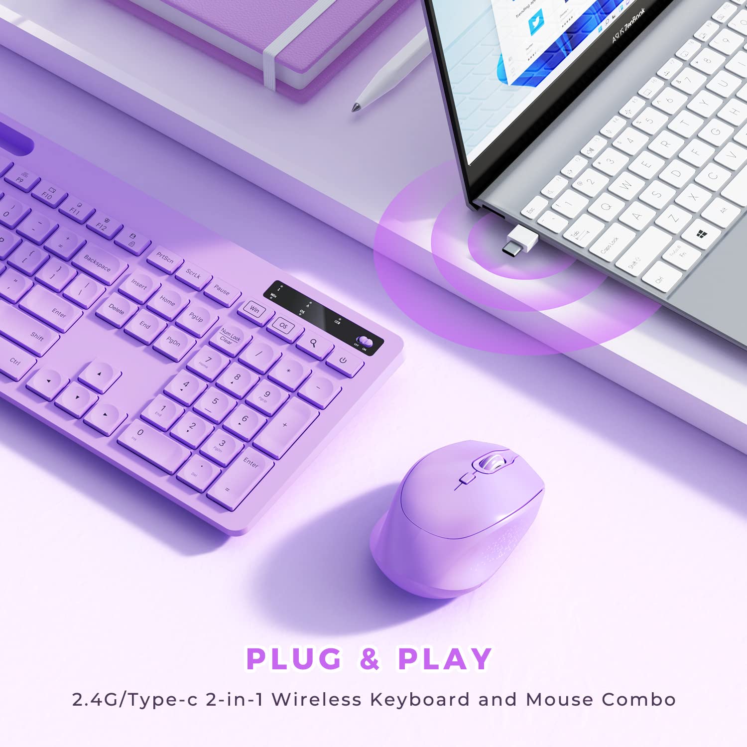 Keyboard and Mouse Wireless, Vivefox Wireless Keyboard with Phone Holder USB A & Type C Receiver Cute Keyboard and Mouse Compatible for Windows, Mac, MacBook/Air/Pro Computer (Purple)