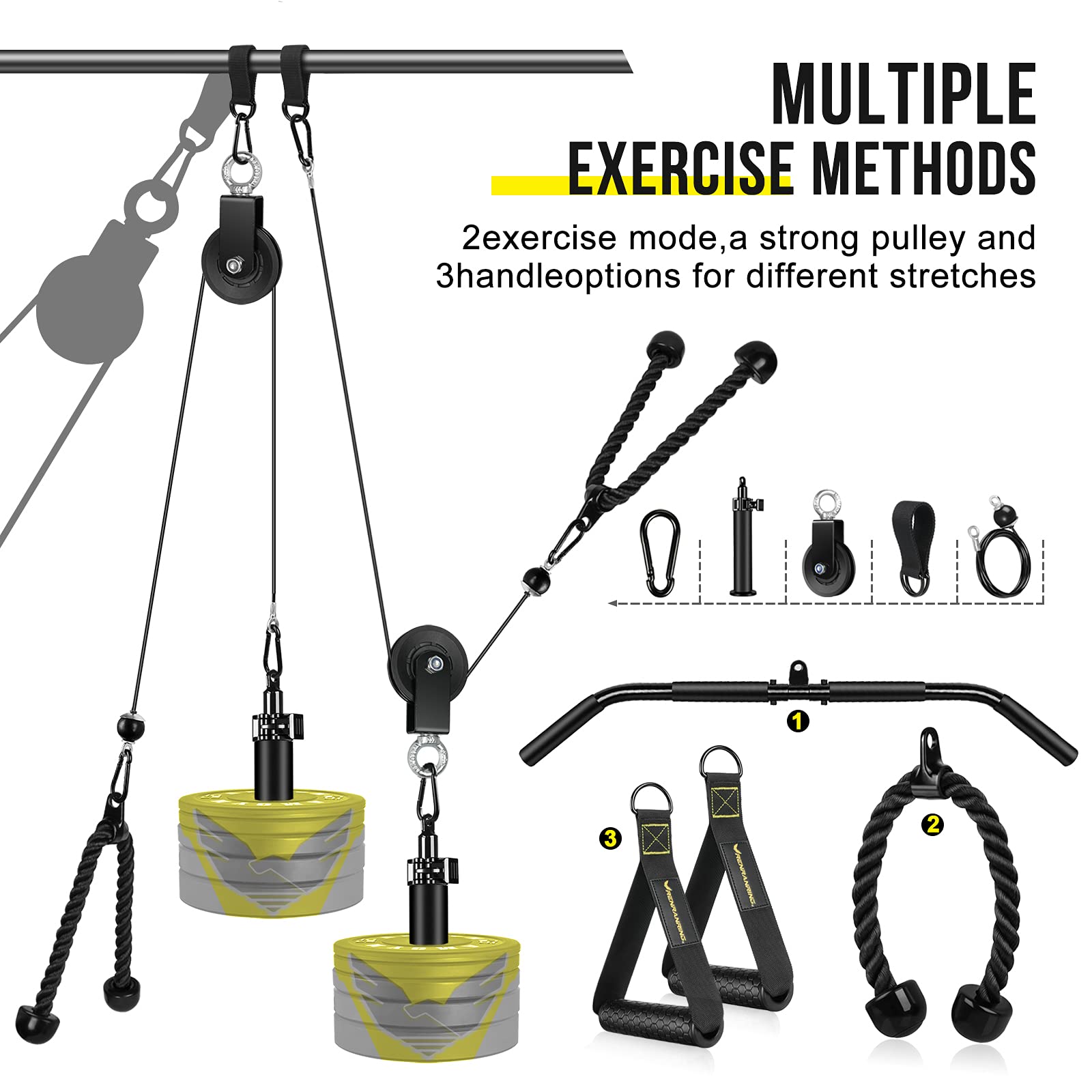 VAVOSPORT Fitness LAT and Lift Pulley System Gym - Upgraded LAT Pull Down Cable Machine Attachments, Loading Pin, Handle and Tricep Rope, for Biceps Curl, Forearm, Triceps Exercise Gym Equipment