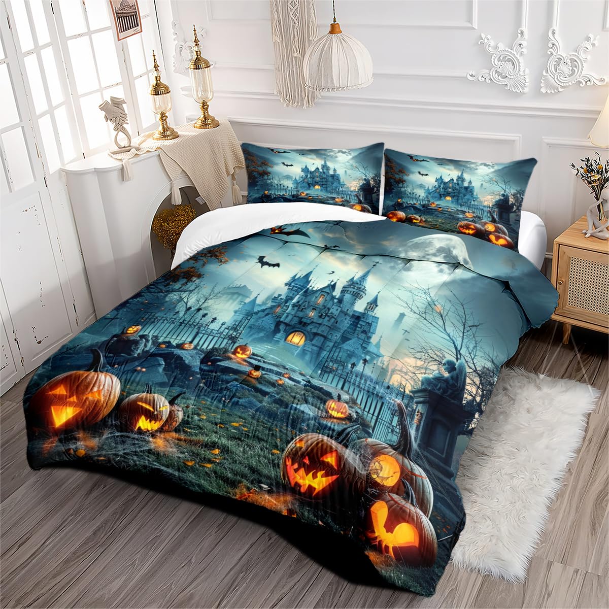 Halloween Pumpkin Bedding Sets Black Bats Full Size Comforter Sets 3D Printed Castle Comforter Kids Boys Girls Happy Halloween Comforter Set 3Pcs Soft Lightweight Down Comforter with 2 Pillowcases