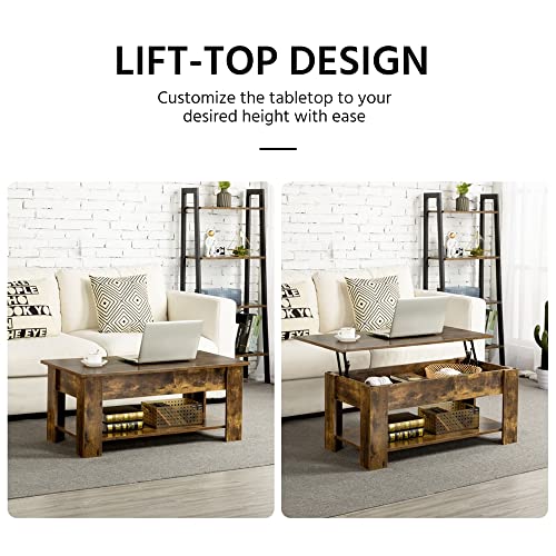 Yaheetech Lift Top Coffee Table with Hidden Compartment and Storage Shelf, Rising Tabletop Dining Table for Living Room Reception Room, 38.6in L, Rustic Brown