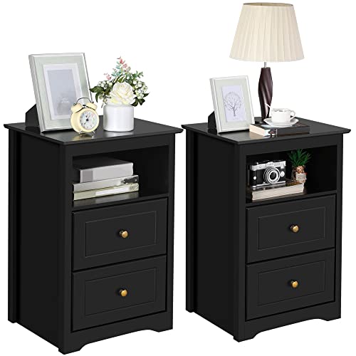 Yaheetech Nightstand Set of 2, Wooden Bedside Tables with 2 Drawer and Cubby, 2Pcs Tall Nightstand for Bedroom Small Space, Bedside Cabinet Telephone Table, 19″ L × 16″ W × 29″ H, Black