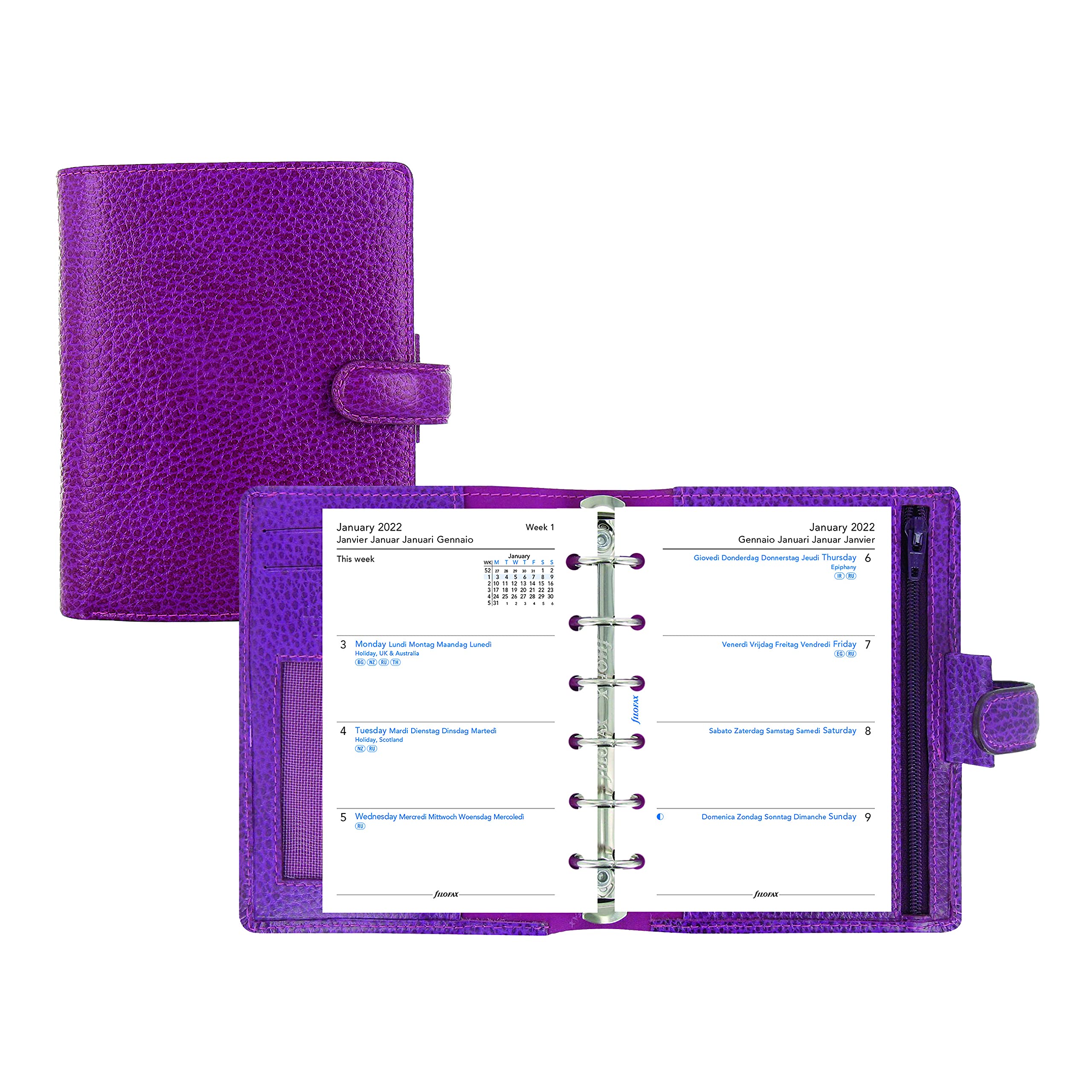Filofax Finsbury Organizer, Pocket Size, Raspberry - Traditional Grained Leather, Six Rings, Week-to-View Calendar Diary, Multilingual, 2022 (C025342-22)