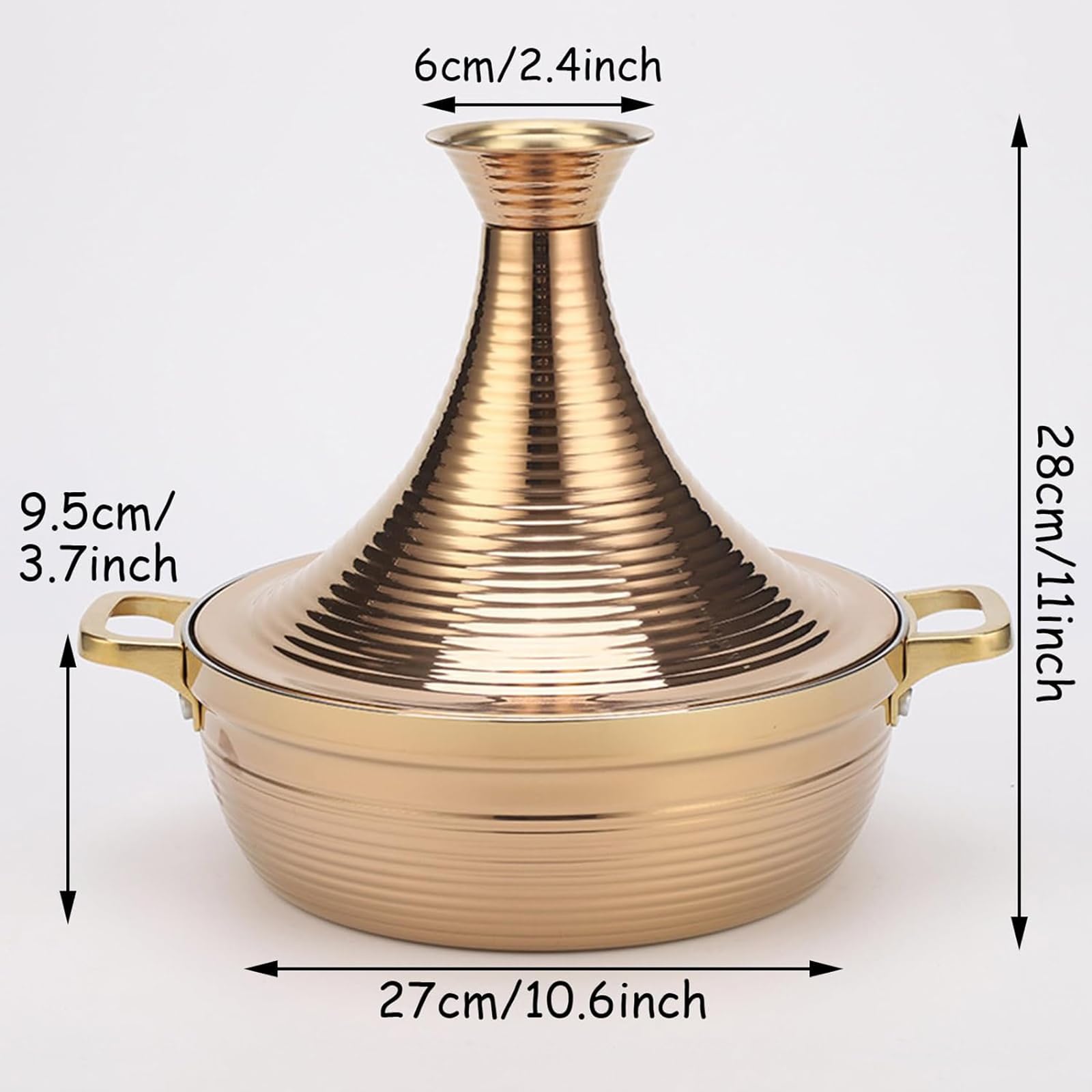Hgjgwqh Moroccan Tagine Cooking Pot, 304 Stainless Steel Non Stick Tagine Pot with Cone-Shaped Closed Lid Large Moroccan Cooker Handmade Stovetop Pot,Gold,27cm