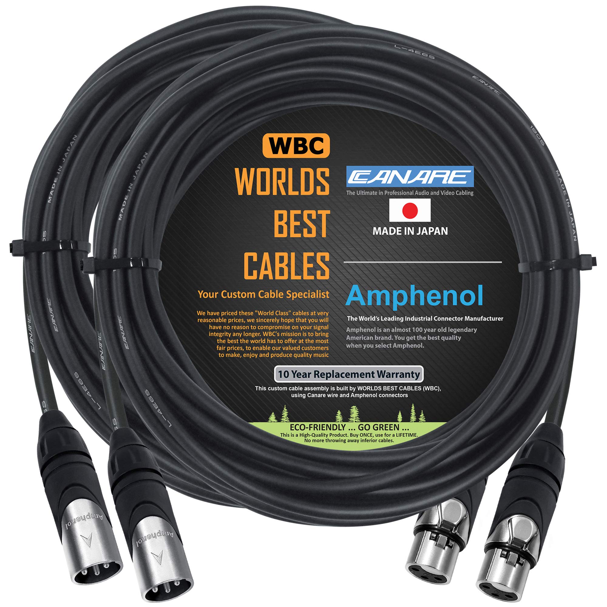 WORLDS BEST CABLES 2 Units - 25 Foot - Canare L-4E6S, Star Quad Balanced Male to Female Microphone Cables with Amphenol AX3M & AX3F Silver XLR Connectors - Custom Made