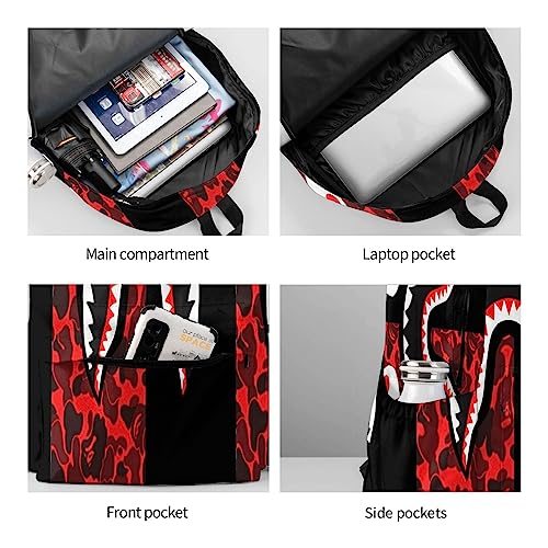 Red-Black Shark Printed Travel Laptop Backpack For Women,Print Mini Casual Daypack Waterproof Computer Bags With Ergonomic