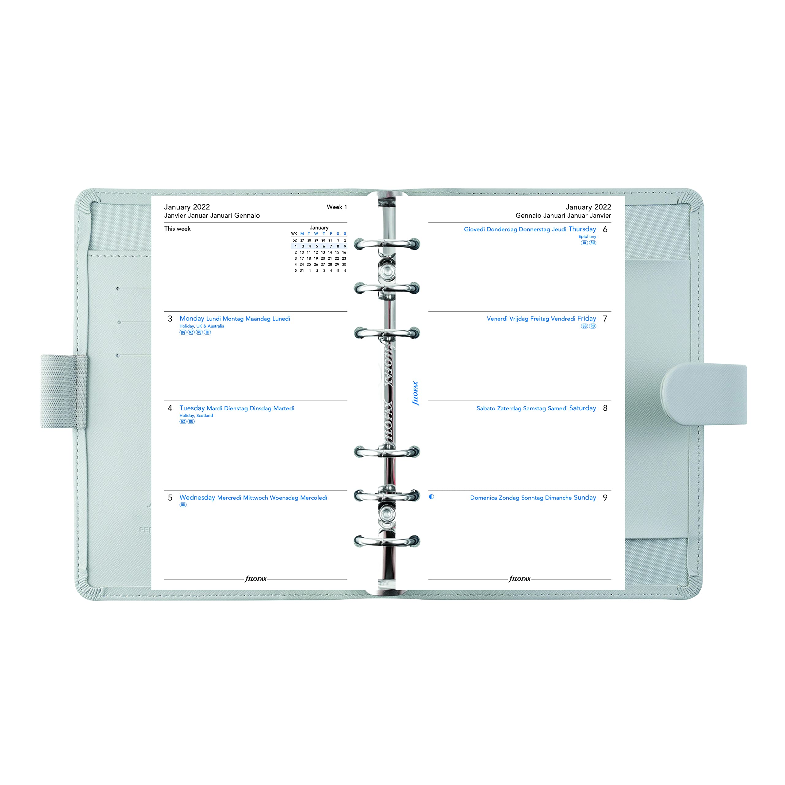 Filofax Saffiano Organizer, Personal Size, Granite - Cross-Grain, Leather-Look, Six Rings, Week-to-View Calendar Diary, Multilingual, 2022 (C028805-22)