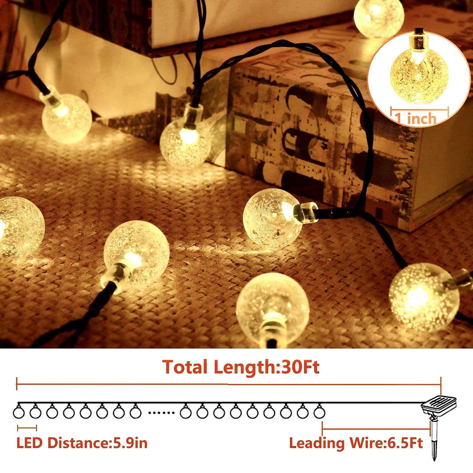 EXF 2-Pack Total 100 Crystal Globe Solar String Lights Outdoor Durable & Bright Solar Powered Patio Lights Waterproof 8 Modes Solar LED Decorative Lights for Garden Gazebo Tree (Warm White)