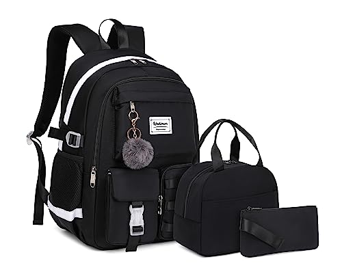 Wadirum Women Casual Backpack Set Girl School Bookbag Set Cute Laptop Ruaksack Black