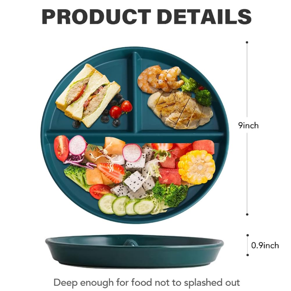 K Y KANGYUN 5 PCS Unbreakable Divided Plates for Adults 9in, Deep Dinner Plates, Divided Design for Picky Eaters,Compartment Plates, Lightweight Reusable Plastic Portion Control Plates