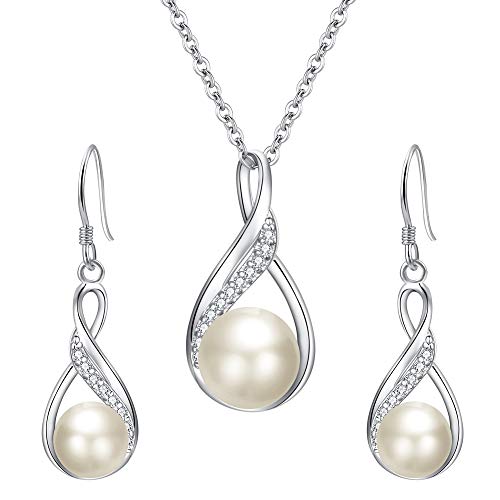 EleQueen 925 Sterling Silver CZ Freshwater Cultured Pearls Bridal Pendant Necklace Earrings Wedding Jewelry Sets, Valentine's Day/Mother's Day/Christmas Jewelry Gift for Girlfriend/Mom