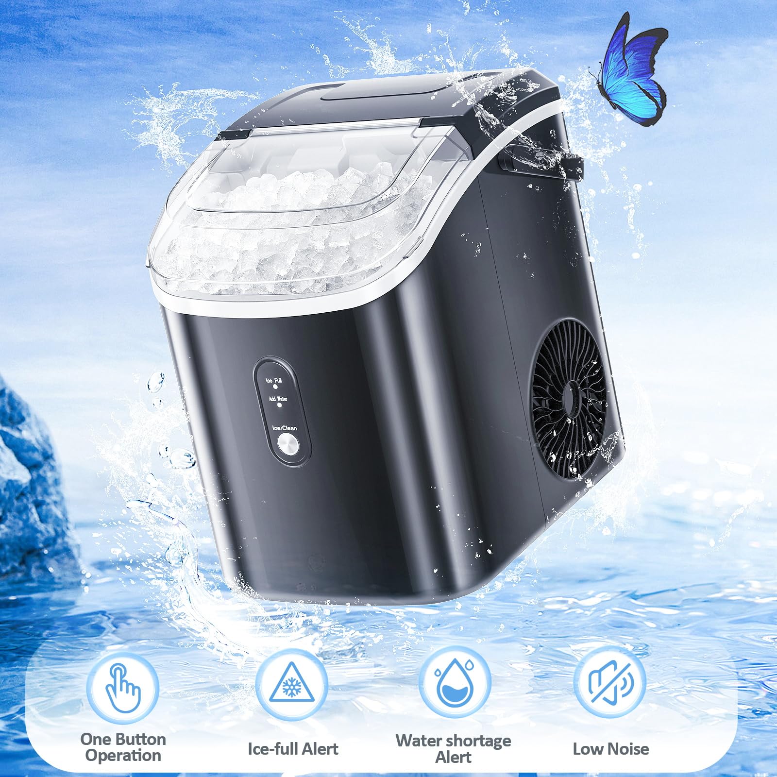 Nugget Countertop Ice Maker with Soft Chewable Pellet Ice, 34lbs/24H,Pebble Portable Ice Machine with Ice Scoop and Handle, Self-Cleaning, One-Click Operation, for Kitchen,Office Black