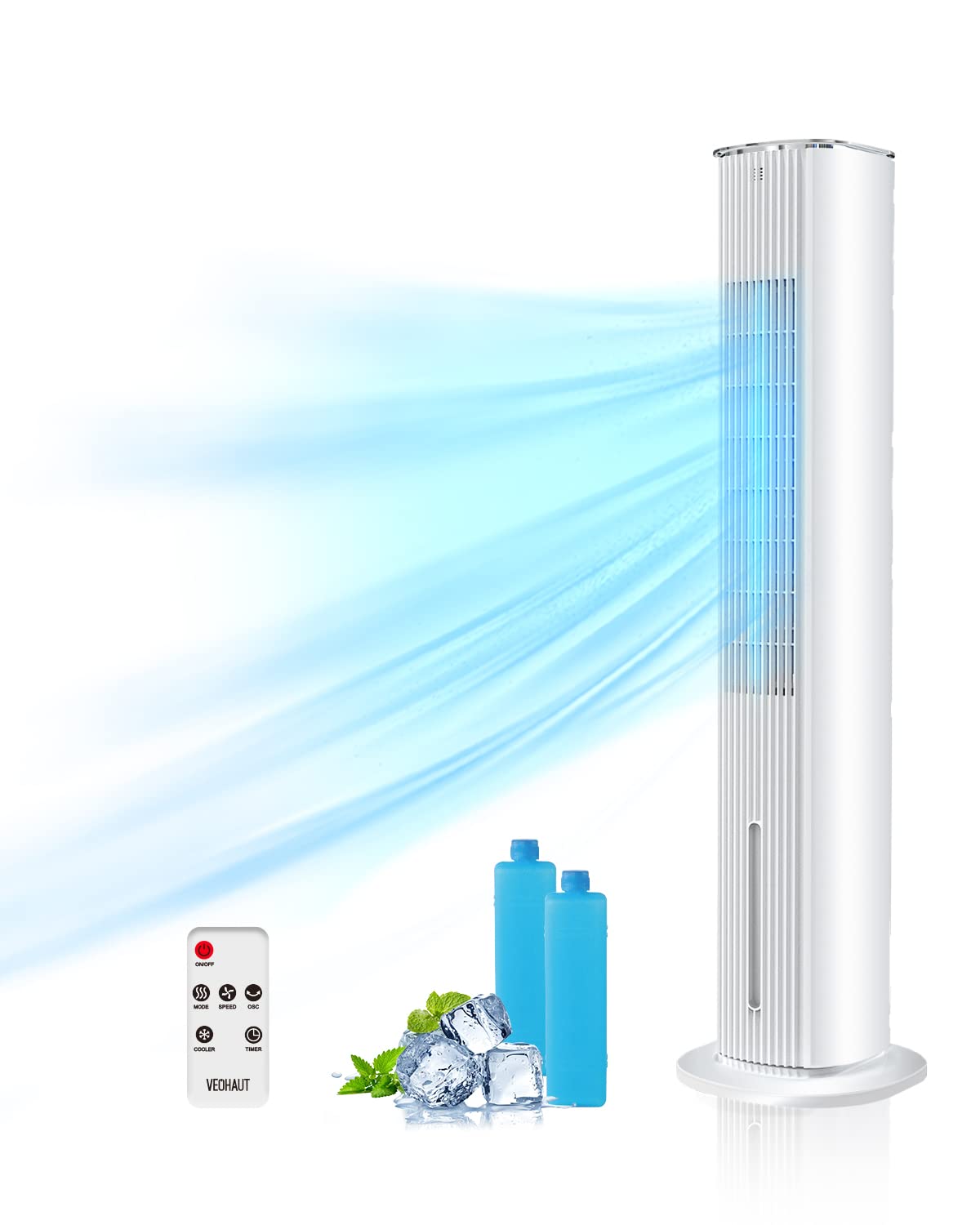 Evaporative Air Cooler, Bladeless Cooling Portable Stand Up Room Fan with Cold Air & Humidification, 60° Oscillation, Remote Control & Blu-Ray LCD Digital Display, 12-H Timer Remote Control, for small room/office