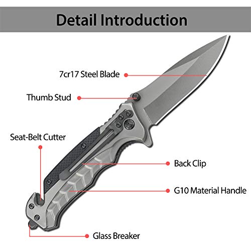 NedFoss Knifes Pocket Knives for Men, Folding Pocket Knife with Glass Breaker, Seatbelt Cutter, G10 Handle, Thumb Stud for Emergency Rescue, Household, Workshop (FA46)