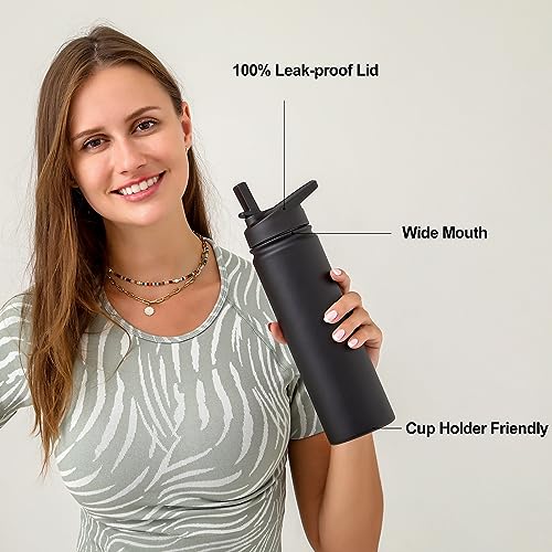 Mininoo 24 oz Insulated Water Bottle with Straw, Stainless Steel Double Wall Vacuum Thermos with Straw Lid & Chug Lid, Leak Proof, BPA Free, Keep Cold for 24H & Hot for 12H(Black)