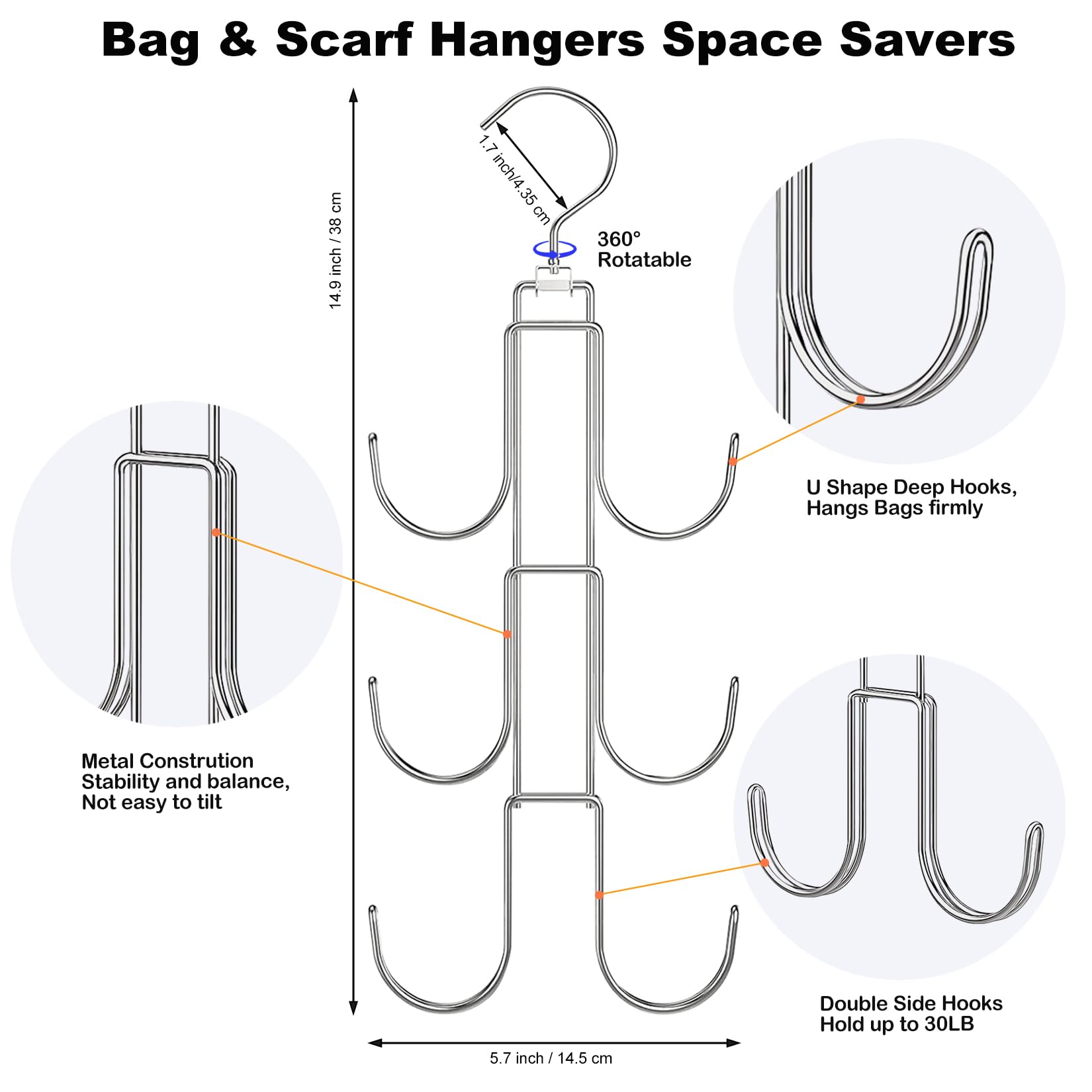 HOZOMT Belt Hanger for Closet,Tie Rack,Closet Belt Organizer for Men,Metal Hat Organizer,360°Rotating Purse Hanger Closet,6 Hooks Travel Hangers Space Saving,Hanging Storage for Bag,Scarf,Wig (2 Pack)