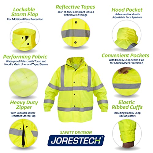 JORESTECH Safety Rain Jacket Waterproof Reflective High Visibility with Interior Mesh Yellow/Lime ANSI Class 3 Level 2 Type R JK-03 (2XL)