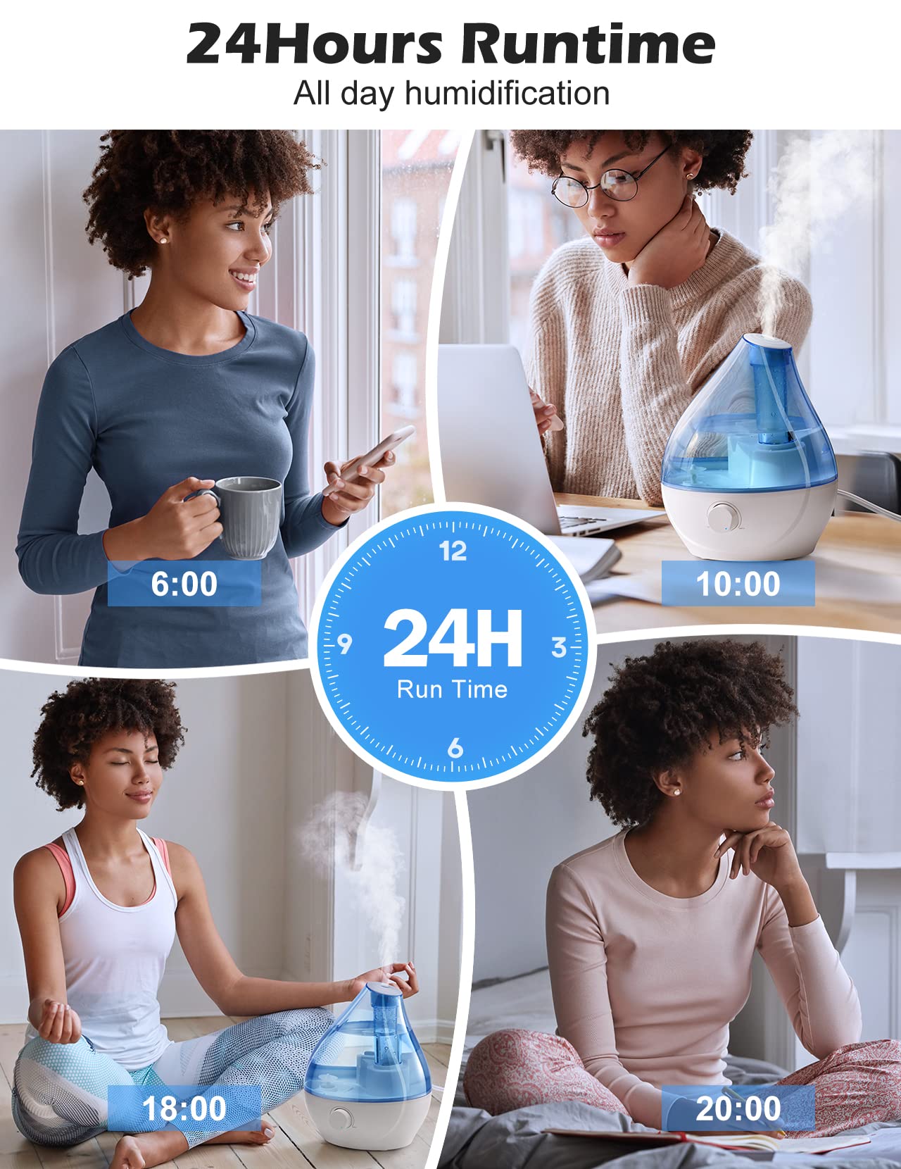 Humidifiers for Bedroom, 1.8L Cool Mist Humidifier, Cool Mist Vaporizer for Home, with 21dB Quiet for Baby Nursery, Easy to Clean Home Humidifier with Dial Knob Control, BPA-Free, 24 Hours Runtime