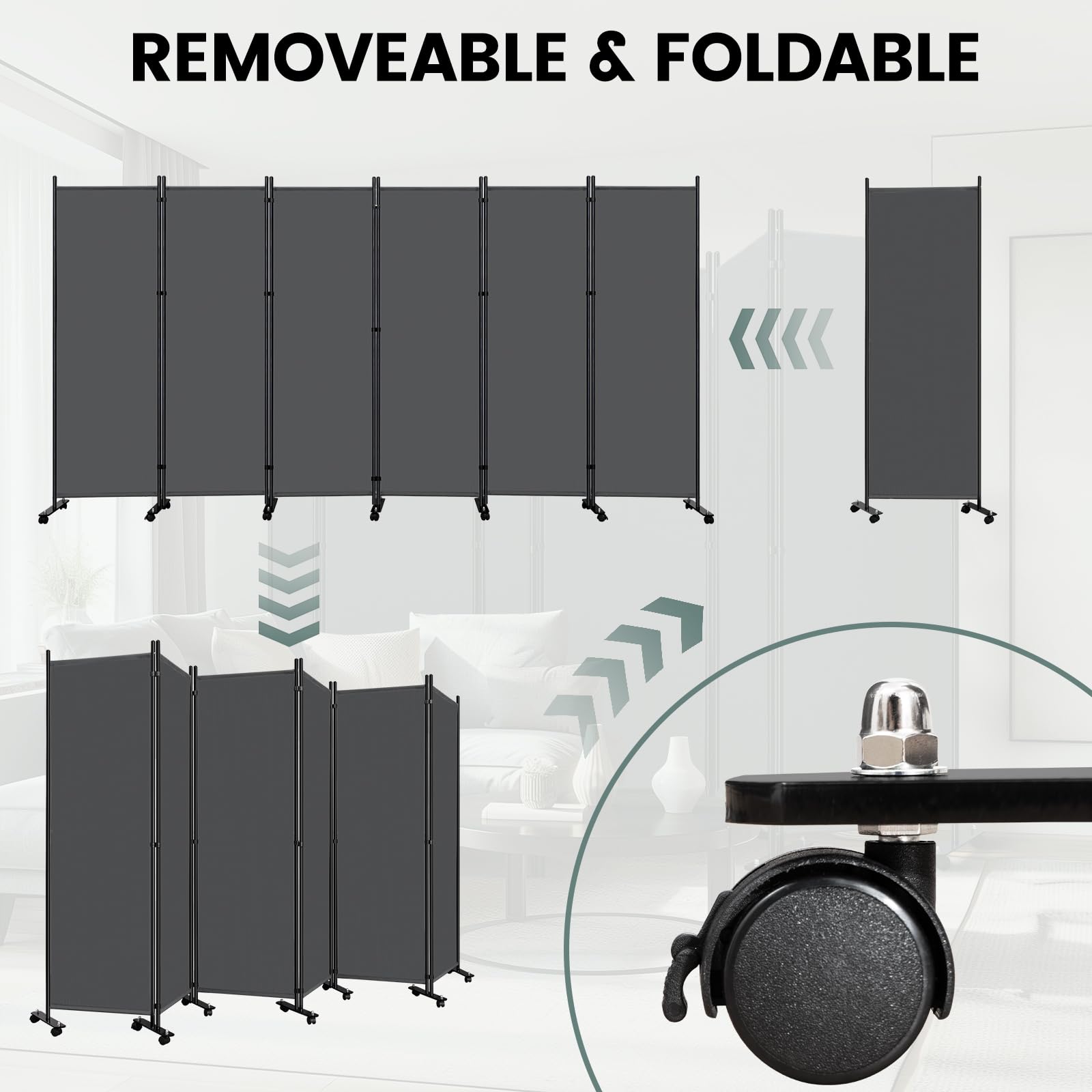 HALLYBEE Room Divider 5.6FT Portable Room Dividers and Folding Privacy Screens, 4 Panel Room Divider on Wheels, Wall Divider for Room Separation, Partition Room Dividers, Grey Fabric Privacy Screen