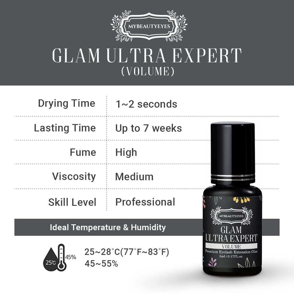 Extra Fast and Strong Eyelash Extension Glue Glam Ultra Expert Volume 5 ml/Black Adhesive Eyelash Bonding Supplies/Drying Time 0.5-2 Sec/Retention -7 Weeks/Latex Free (Volume)