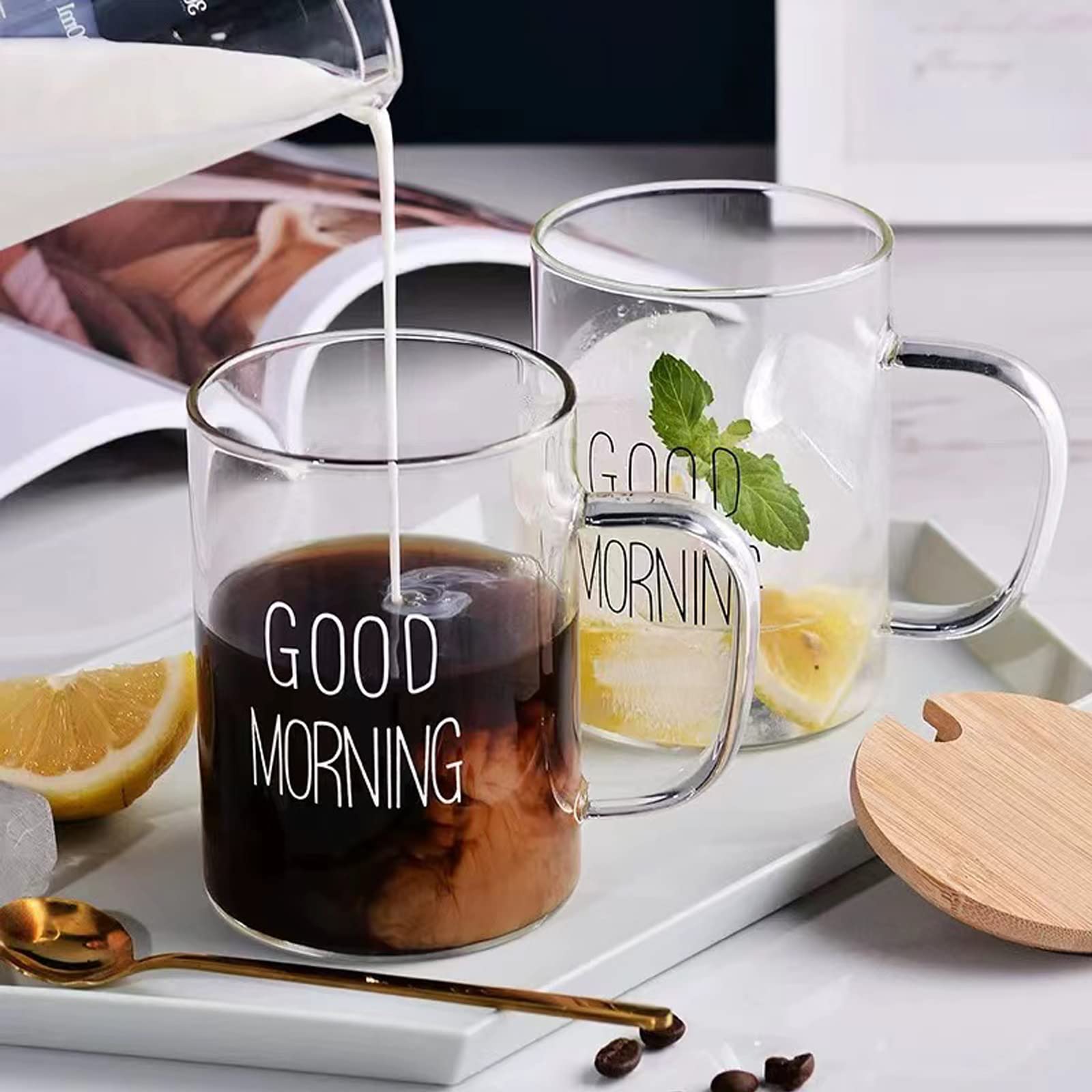 HOMEYES 460 ML 15.5 OZ Good Morning Clear Glass Cup For Coffee/Beer/Milk/Tea/Water