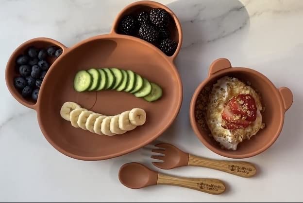 Red Panda Bamboo Silicone Suction Plate and Bowl Set with Spoon and Fork BPA Free Divider Kids Plate Bear Plate Bear Bowl Animal plate Microwave Safe Dishwasher Safe