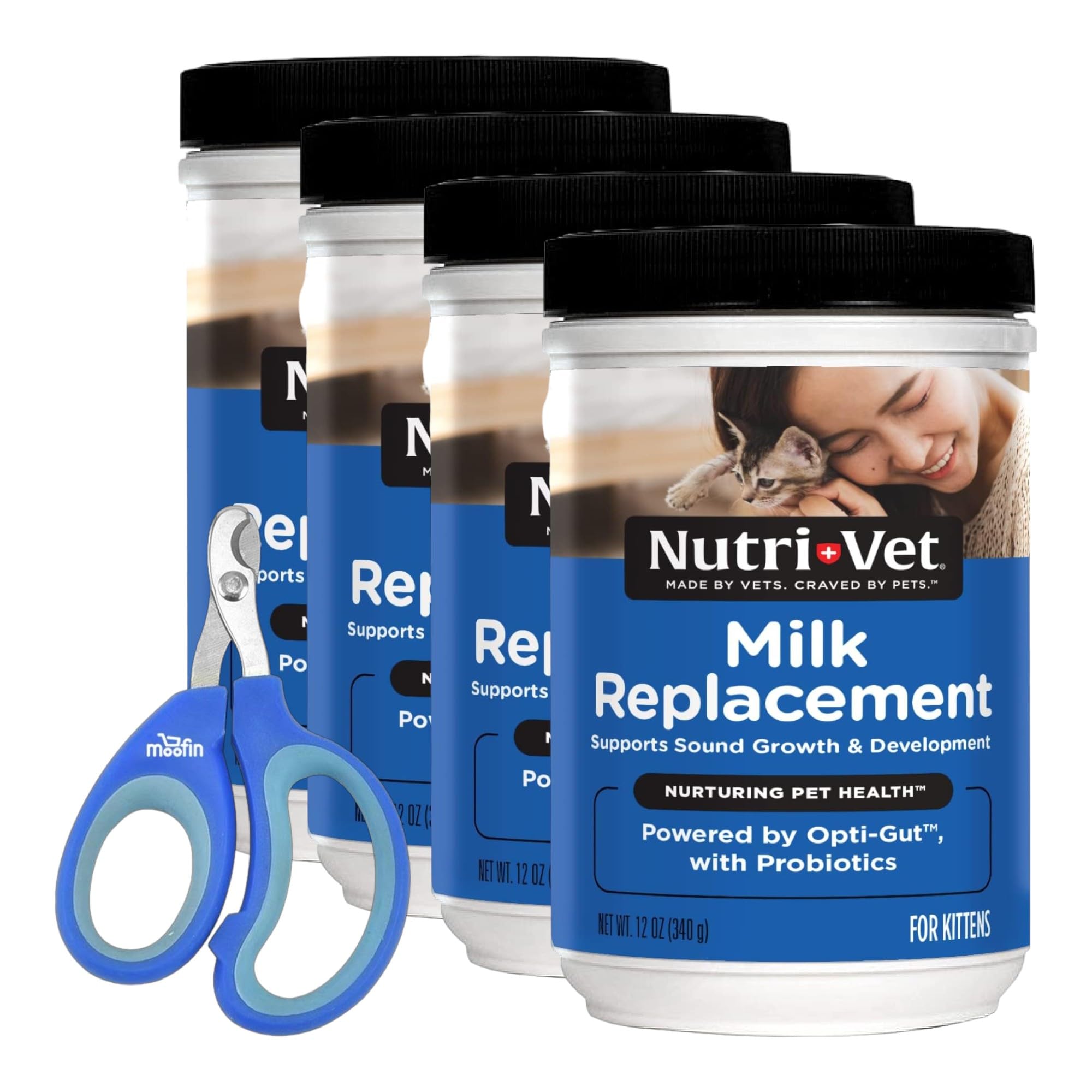 moofin Nutri-Vet Milk Replacement for Kittens, 12 Oz - Kitten Powder Milk Complete Balanced Nutrition with Healthy Gut Support Probiotics, Easy Mix Powder - Bundle Pet Nail Clipper [Pack of 4]