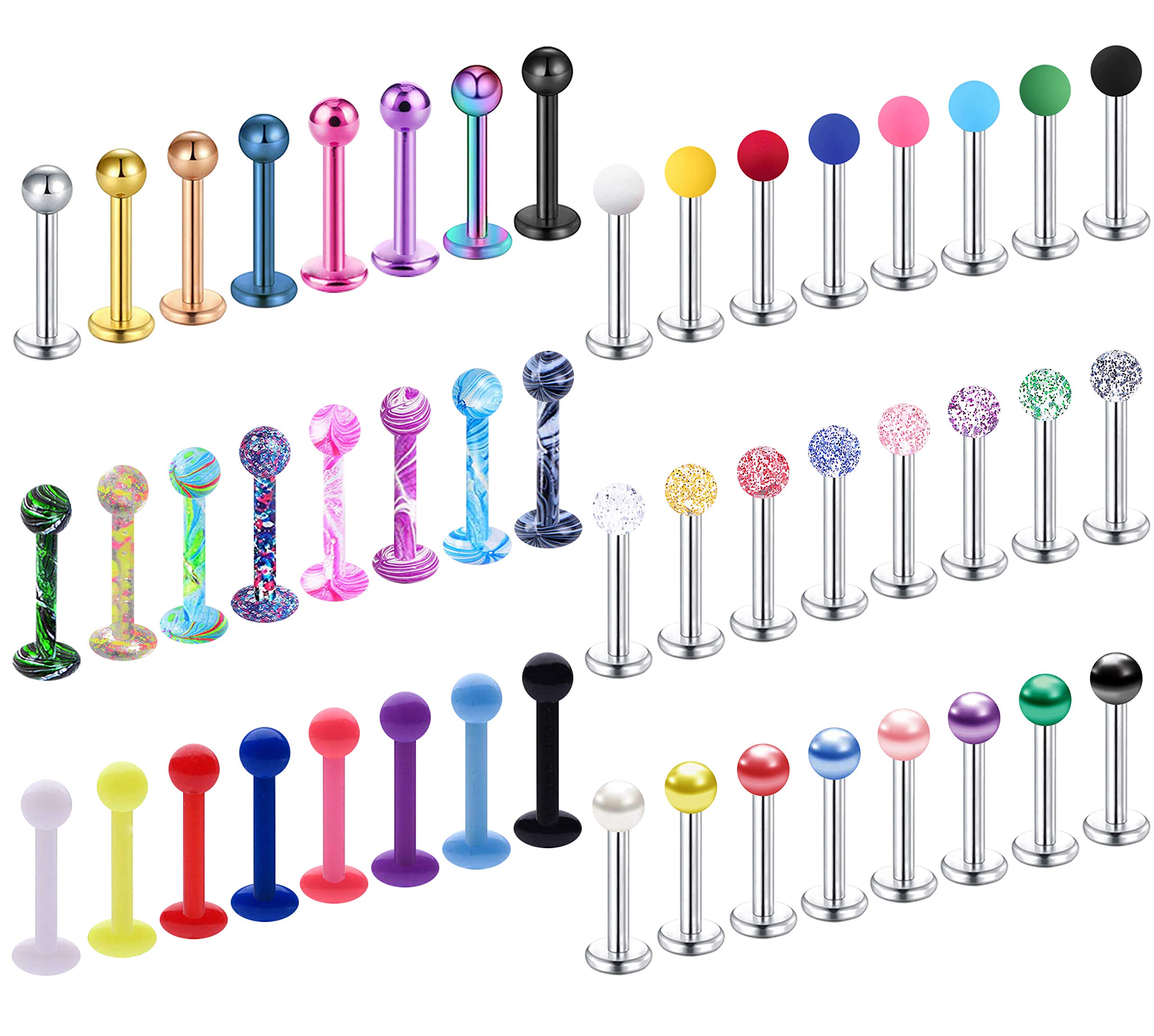 EVELICAL 48Pcs 16G Surgical Steel Lip Rings for Women Acrylic Labret Studs Monroe Conch Cartilage Tragus Helix Earrings Body Piercing Jewelry Style 1 8mm