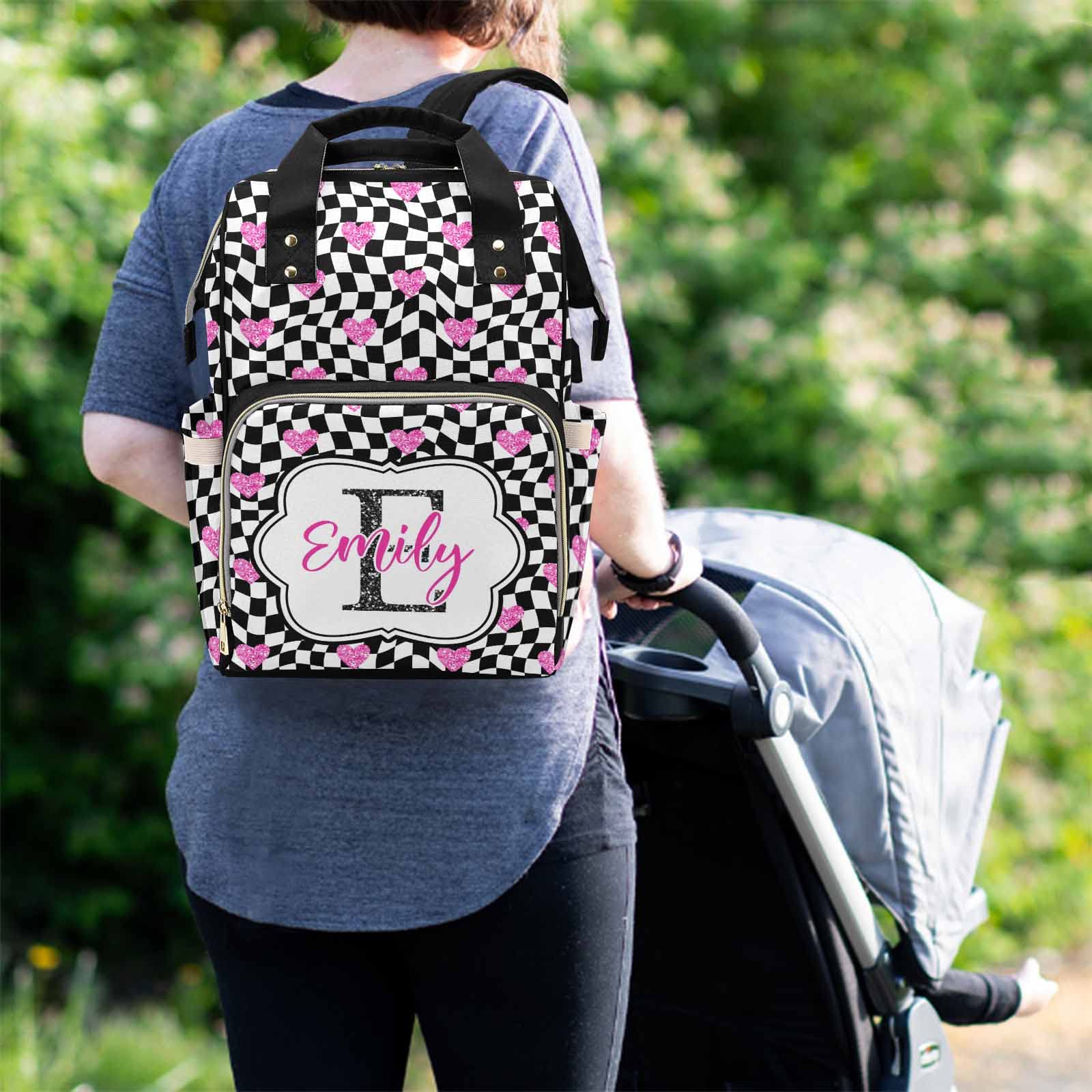 M YESCUSTOM Custom Pink Love Heart Diaper Bag Backpack with Name Letter Personalized Plaid Mommy Backpack for Women Travel Holiday Gift for Wife