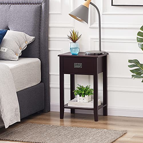 VECELO Nightstands Set of 2 End/Side Tables Living Room Bedroom Bedside, Vintage Accent Furniture Small Space, Solid Wood Legs, One Drawer, Black Walnut