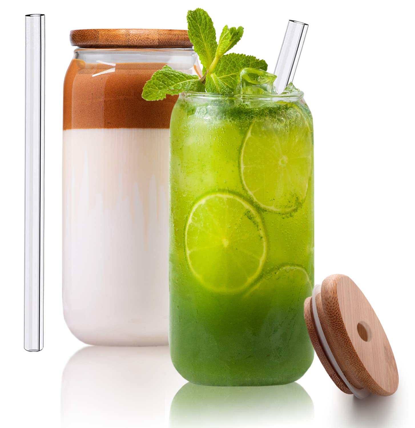 Huge Estate 20 oz Drinking Glass Cups Can Shaped - Set of 2 with 4 Glass Reusable Straws and Bamboo Lids for Iced Coffee Boba Tea Cocktails Beer Wine Water Dessert Glasses Pack of 2 Ideal Gift