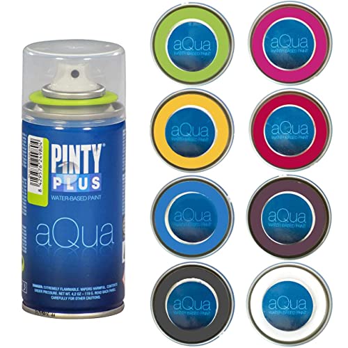 Pintyplus Aqua Spray Paint - Art Set of 8 Water Based 4.2oz Mini Spray Paint Cans. Ultra Matte Finish. Perfect For Arts & Crafts. Spray Paint Set Works on Plastic, Metal, Wood, Cardboard