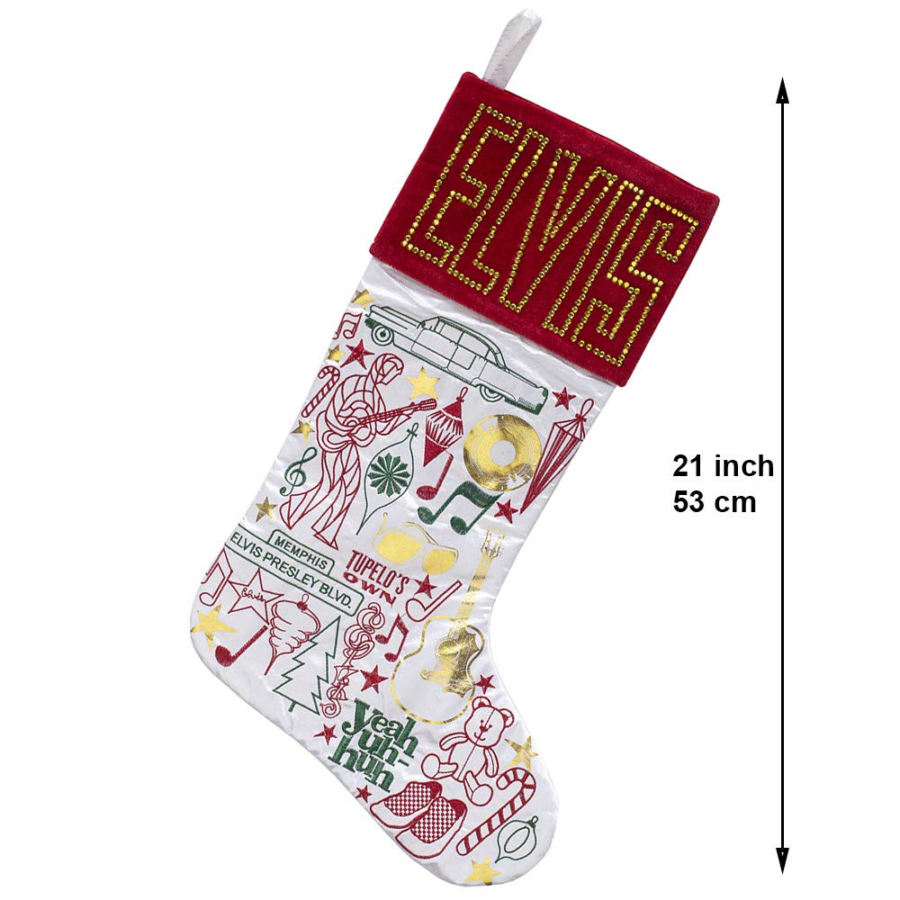 ELVIS 21 Inch Satin Christmas Stocking Decoration - Velvet Cuff With Gold Embroidered Lettering (Red)