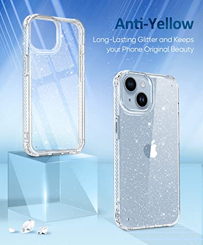 MIODIK iPhone 14 Plus Case with Screen Protector + Camera Lens Protector, [Non-Yellowing] Clear Glitter Protective Shockproof Phone Case for Women Girls, 6.7 Inch - Sparkle Clear