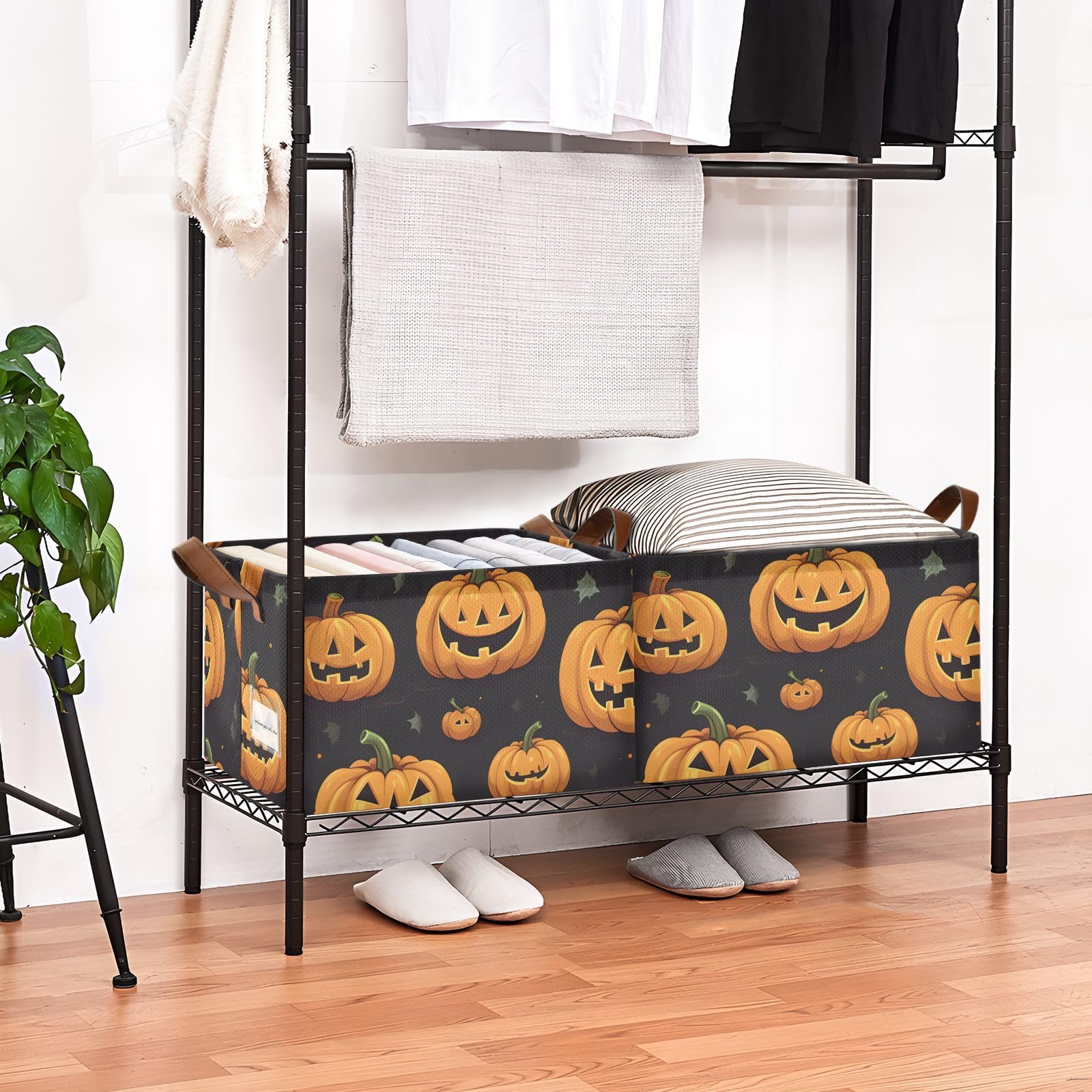 HOMONAW Rectangular Storage Bin Halloween Devil Pumpkin Storage Baskets Foldable Closet Organizer with Handles for Organizing Shelf, Clothes, Toys, Home, Office, Nursery
