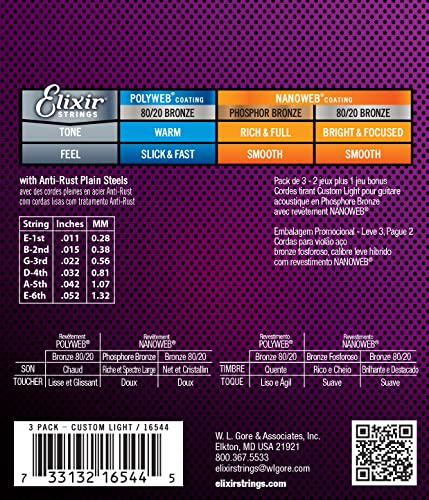 Elixir Strings, Acoustic Guitar Strings, Phosphor Bronze with NANOWEB Coating, Longest-Lasting Rich and Full Tone with Comfortable Feel, 6 String Set, 3 Pack, Custom Light 11-52