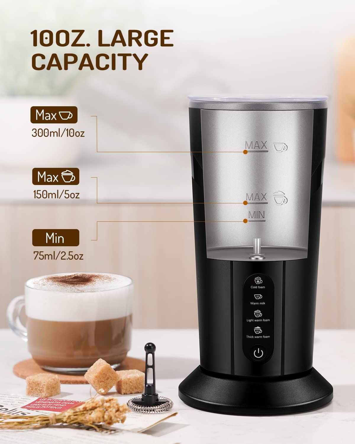 KIDISLE 4-in-1 Milk Frother and Steamer, Electric Milk Steamer with Keep Warm Function, Automatic Warm and Cold Foam Maker for Coffee, Latte, Hot Chocolate, Cappuccinos, Macchiato, Black