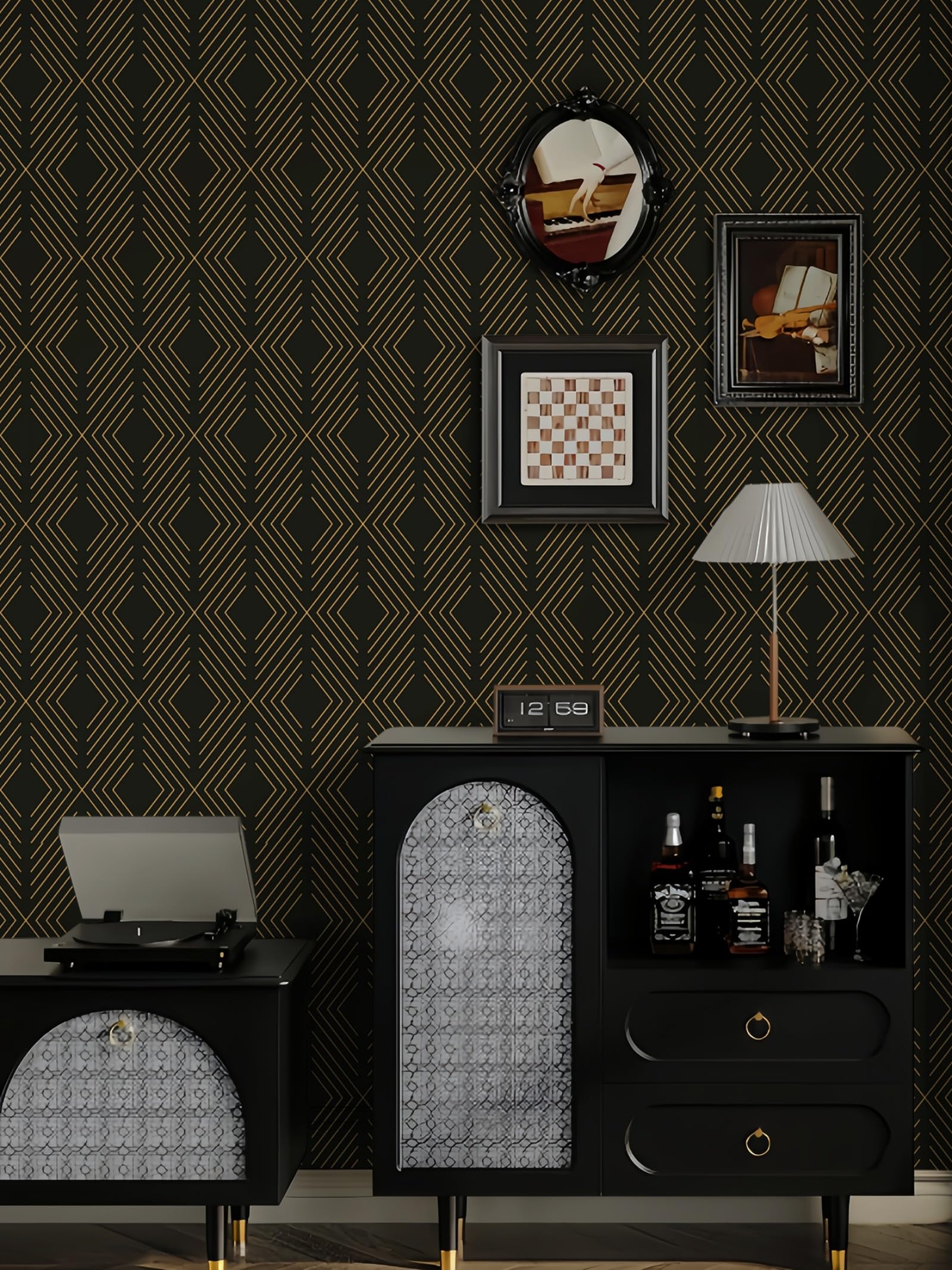 LiKiLiKi Geometric Peel and Stick Wallpaper Black and Gold Wallpaper Modern Contact Paper Boho Removable Self-Adhesive Decorative Wallpaper for Cabinets Bathroom Bedroom Kitchen Vinyl Roll 17.3โx118โ